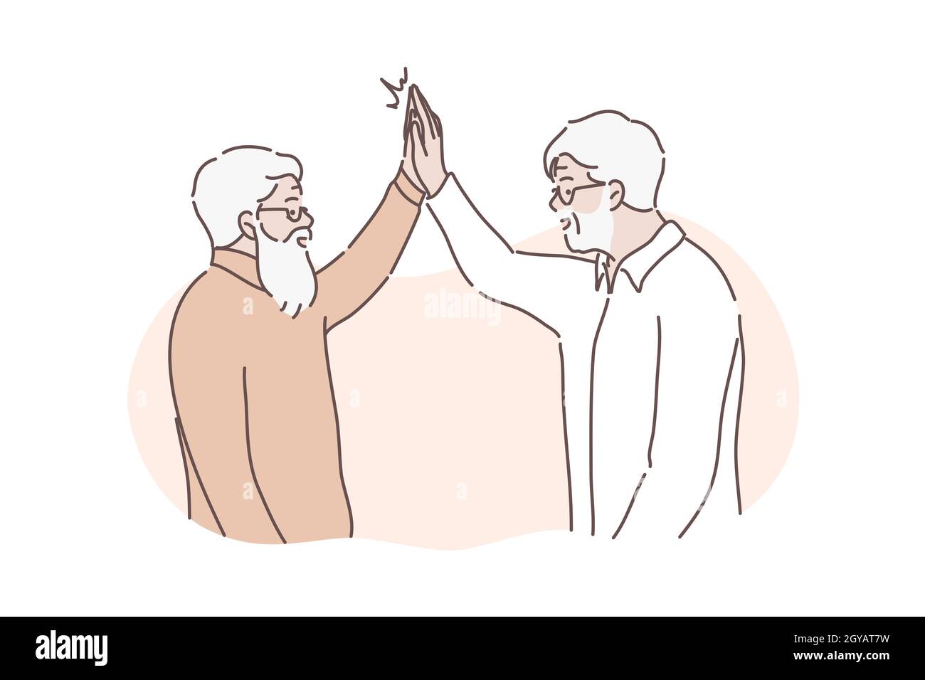 Friendly greeting concept. Happy old men friends are together and greet ...