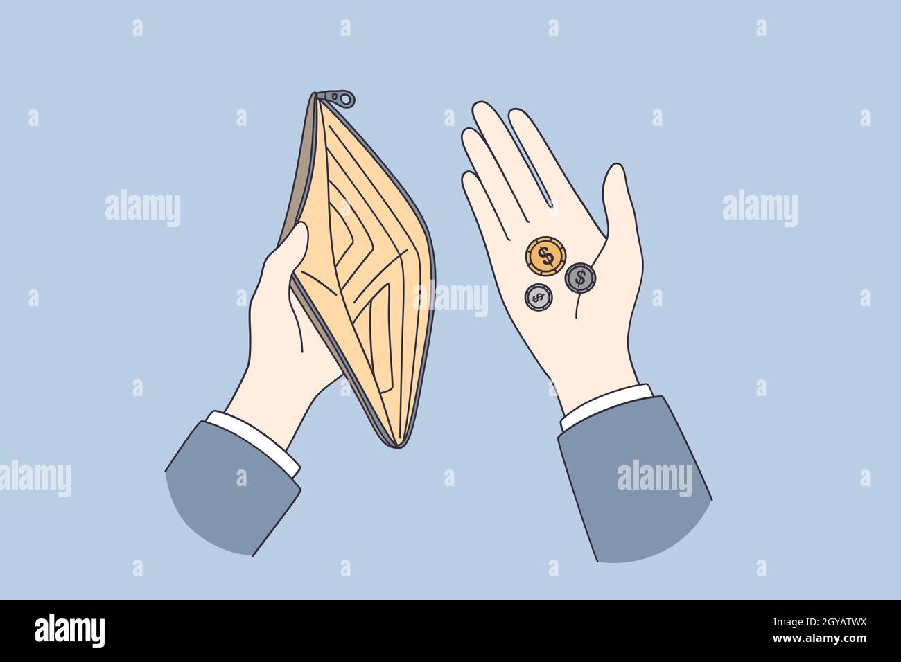 Poverty, little budget concept. Top view of human hands holding purse ...