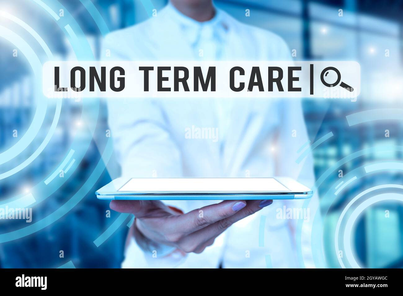 Text caption presenting Long Term Care, Business approach assistance ...