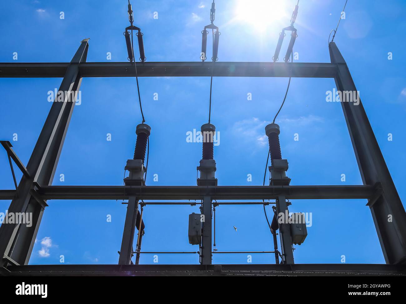 Electrical Transformer. Distribution of electric energy at a big ...