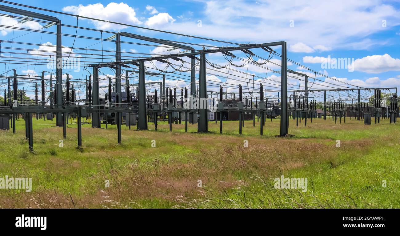 Electrical Transformer. Distribution of electric energy at a big ...