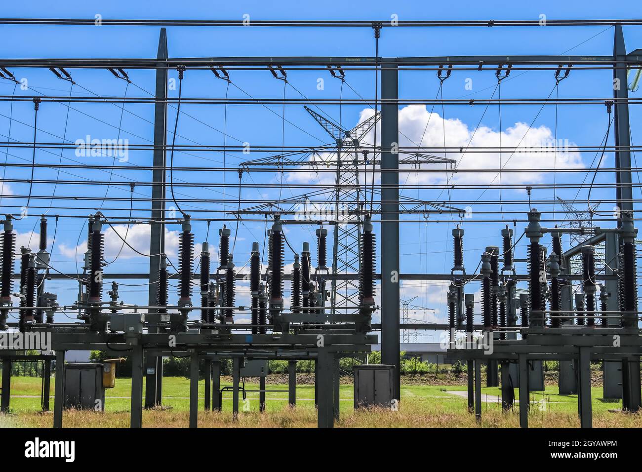 Electrical Transformer. Distribution of electric energy at a big ...