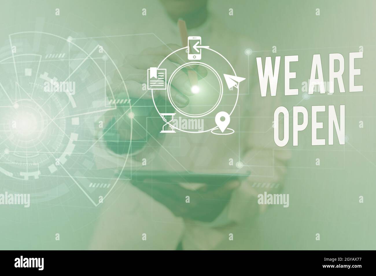 Hand writing sign We Are Open, Conceptual photo no enclosing or ...