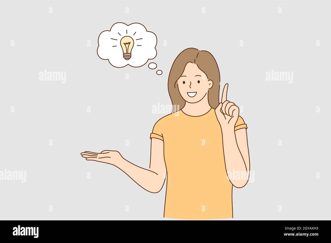 Great idea, innovation, startup concept. Young smiling woman cartoon ...