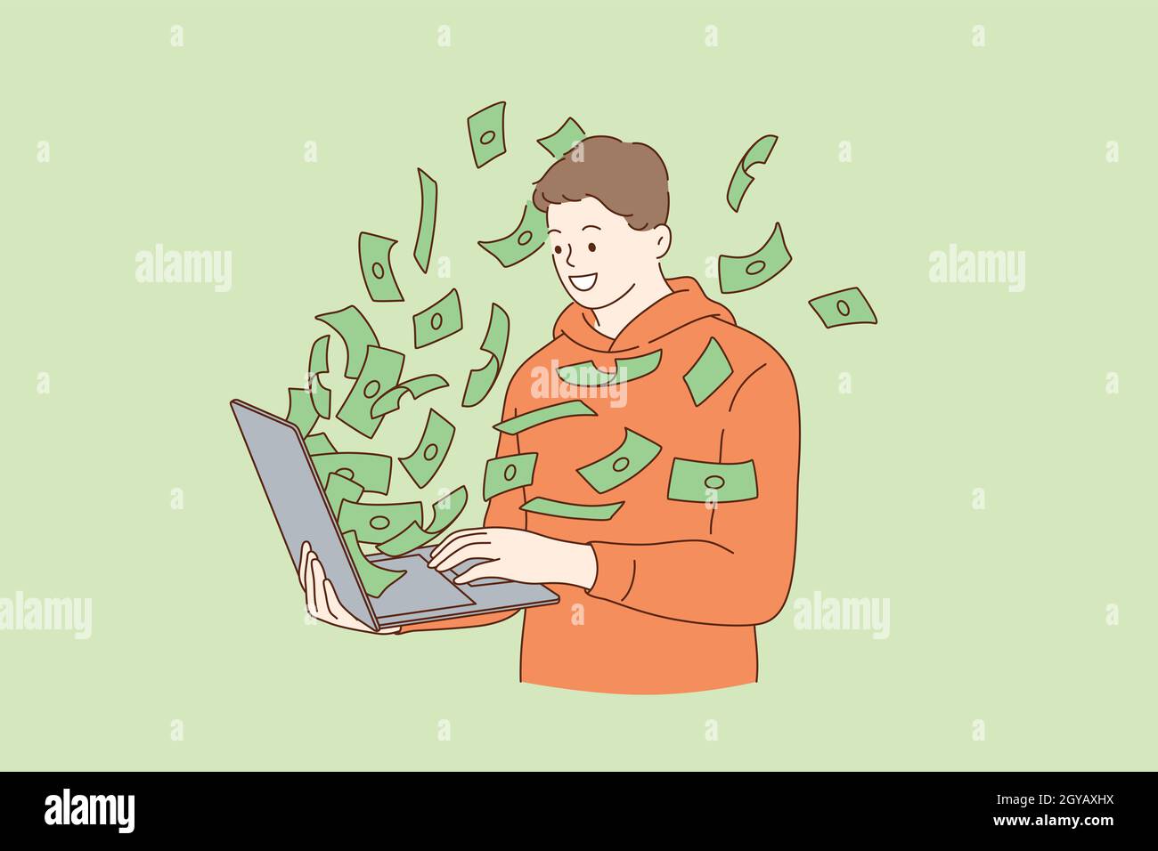 Making money in internet concept. Smiling young man cartoon character ...