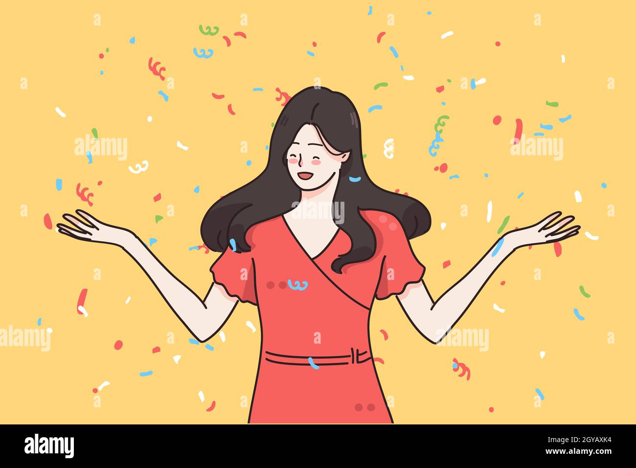 Party and celebrating event concept. Young smiling female in red dress ...