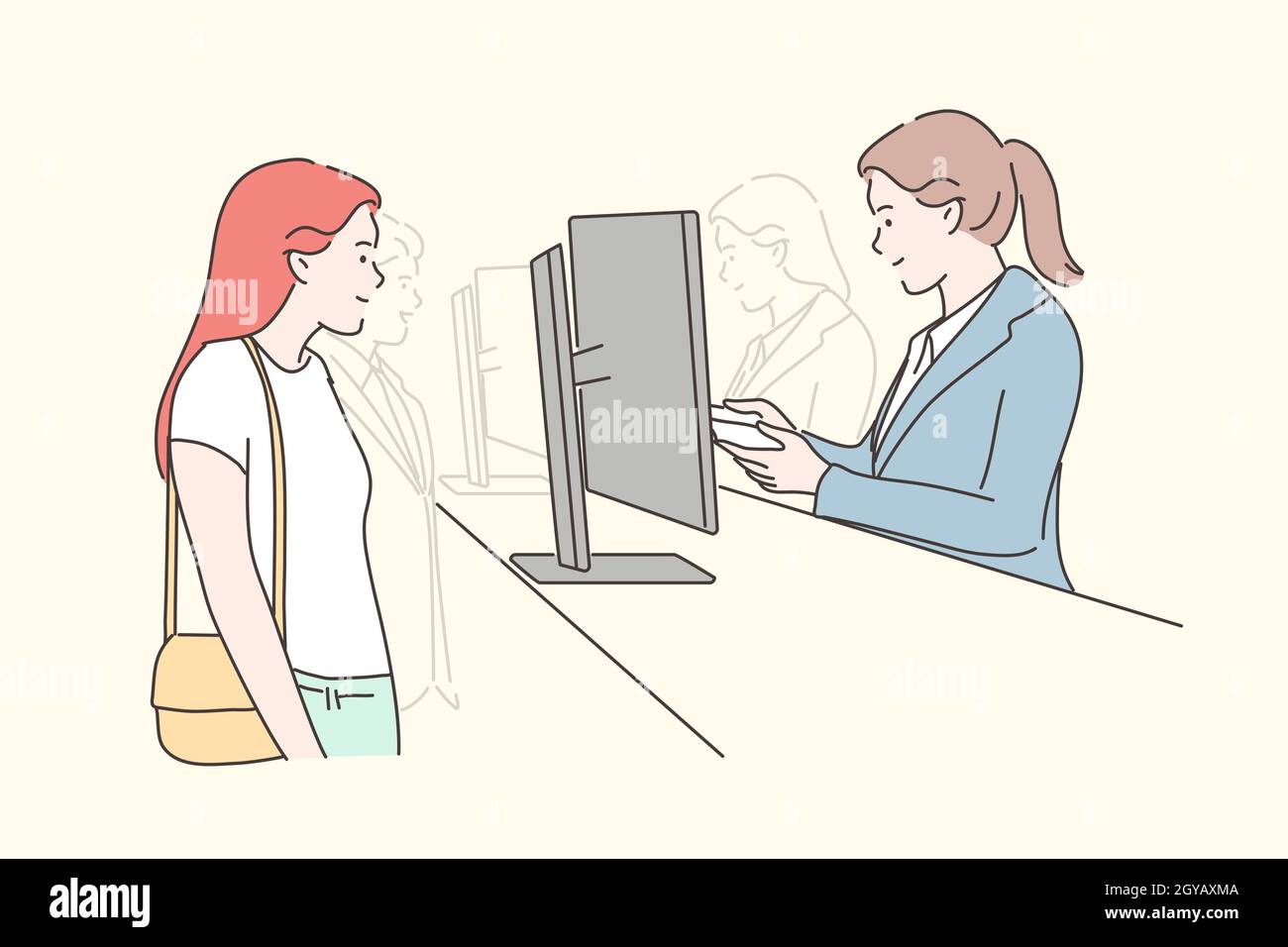 Check, registration concept. Young woman passenger cartoon character ...