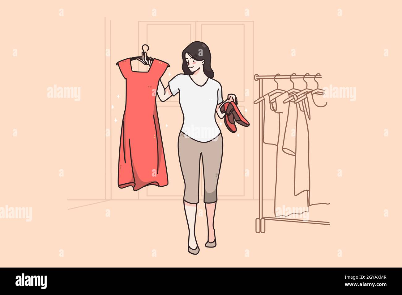 Hard choice and fitting room concept. Stylish young woman cartoon ...