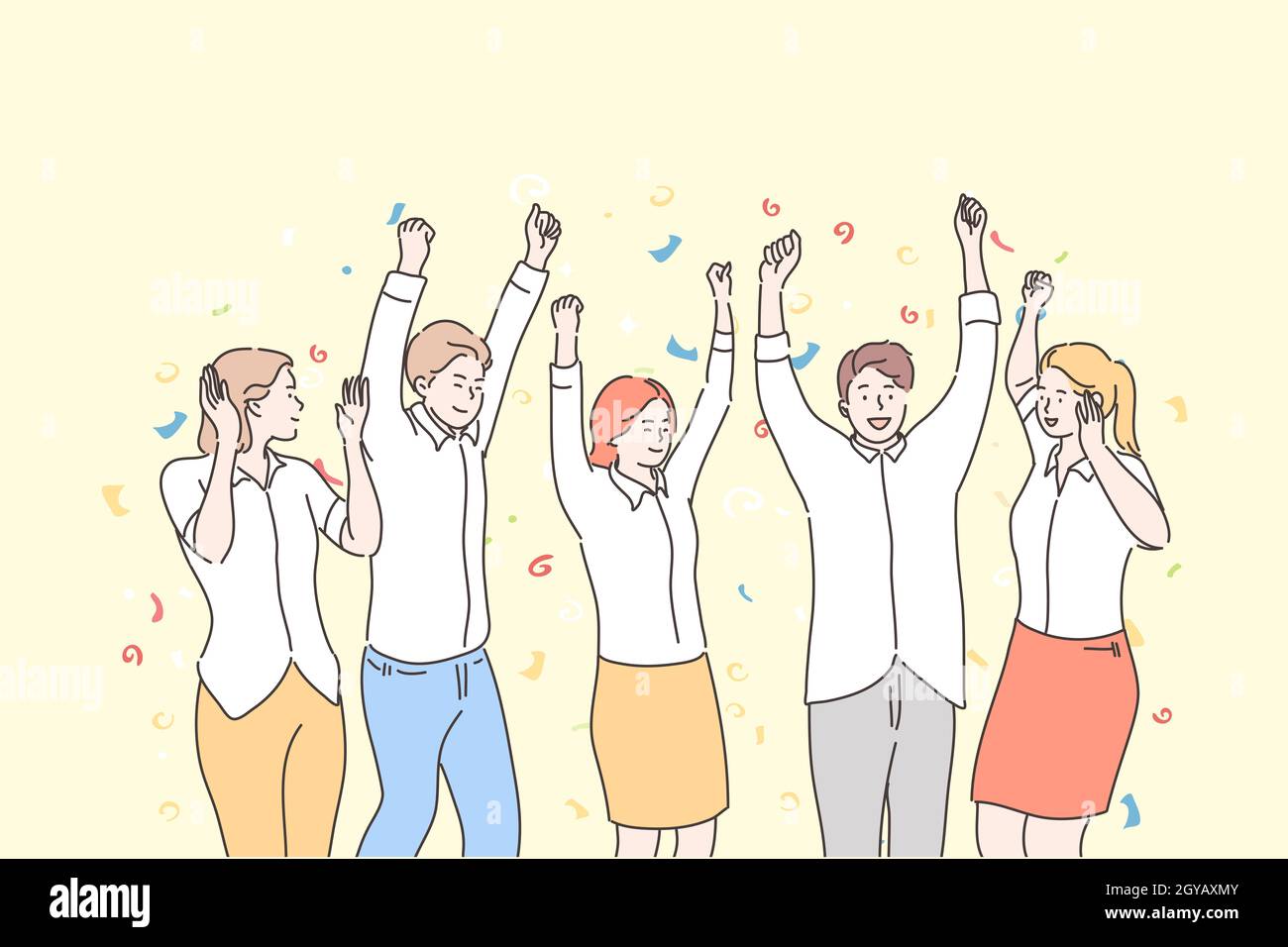 Business, team, celebration, success, goal achievement concept. Group ...