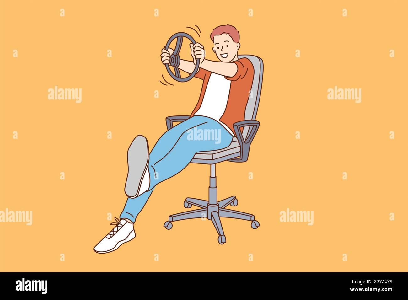 Playing driver and imagination concept. Young smiling boy cartoon ...