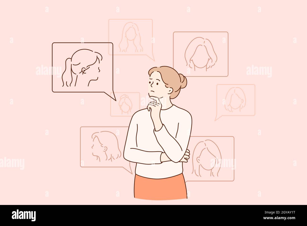 Beauty, fashion and high technologies concept. Thoughtful lady looking ...