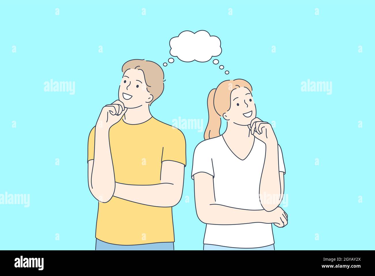 Positive thinking, couple in thoughts, cheerful people concept. Young ...