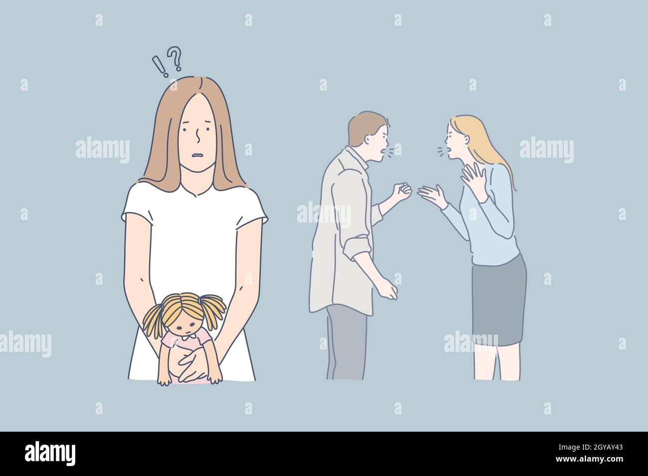 Family, quarrel, stress, conflict concept. Frightened child gets stress ...