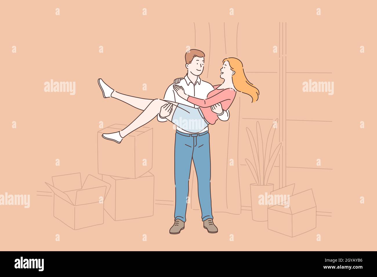 Happy moving, young couple living together, just married buying real ...