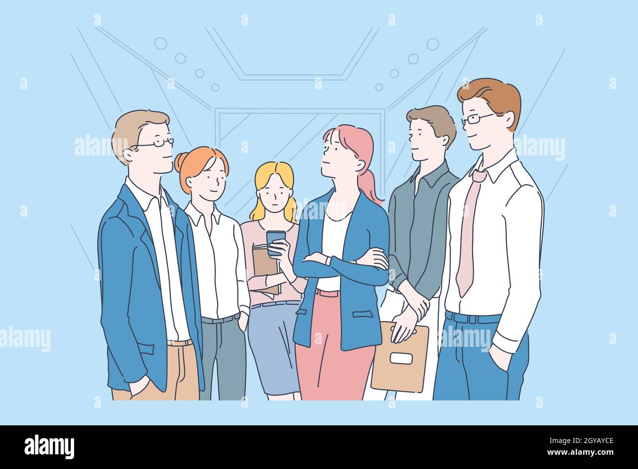 Lift, waiting, team concept. Group of people businessmen and ...