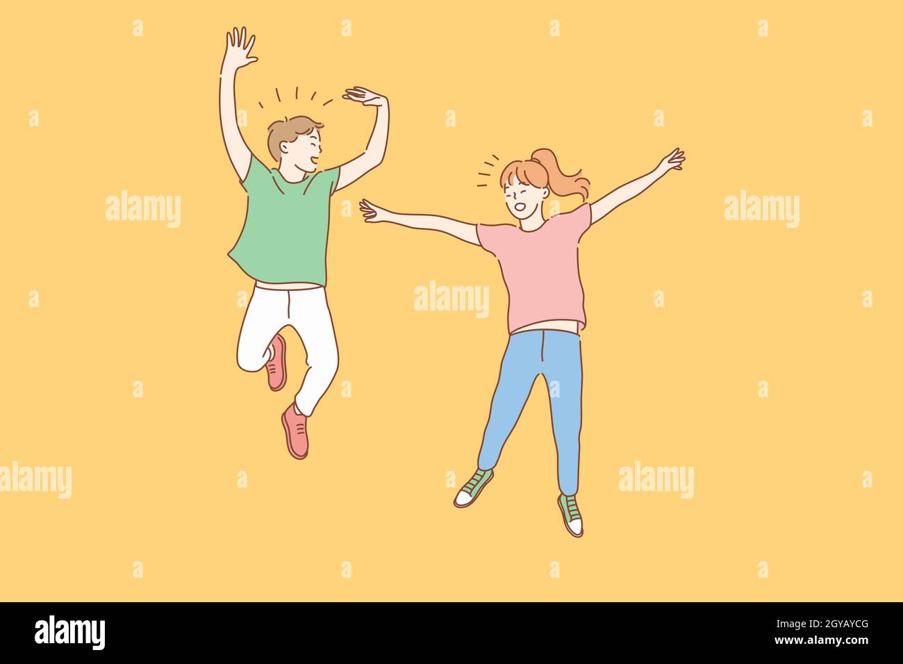 Jumping kids, success, friendship, childhood concept. Young happy ...