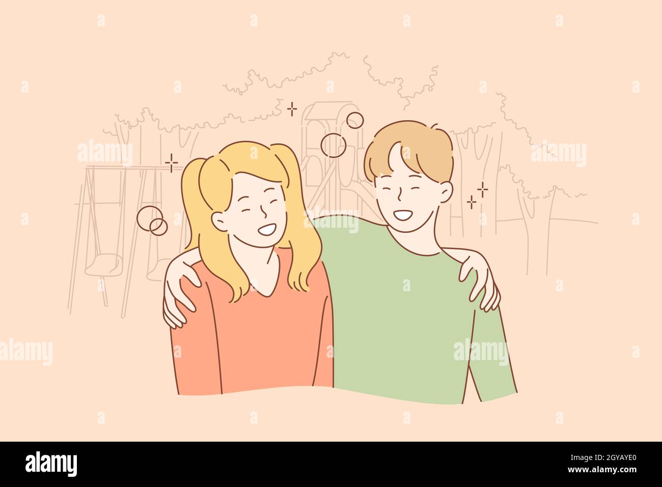 Hugging, happiness concept. Cartoon characters young happy smiling boy ...