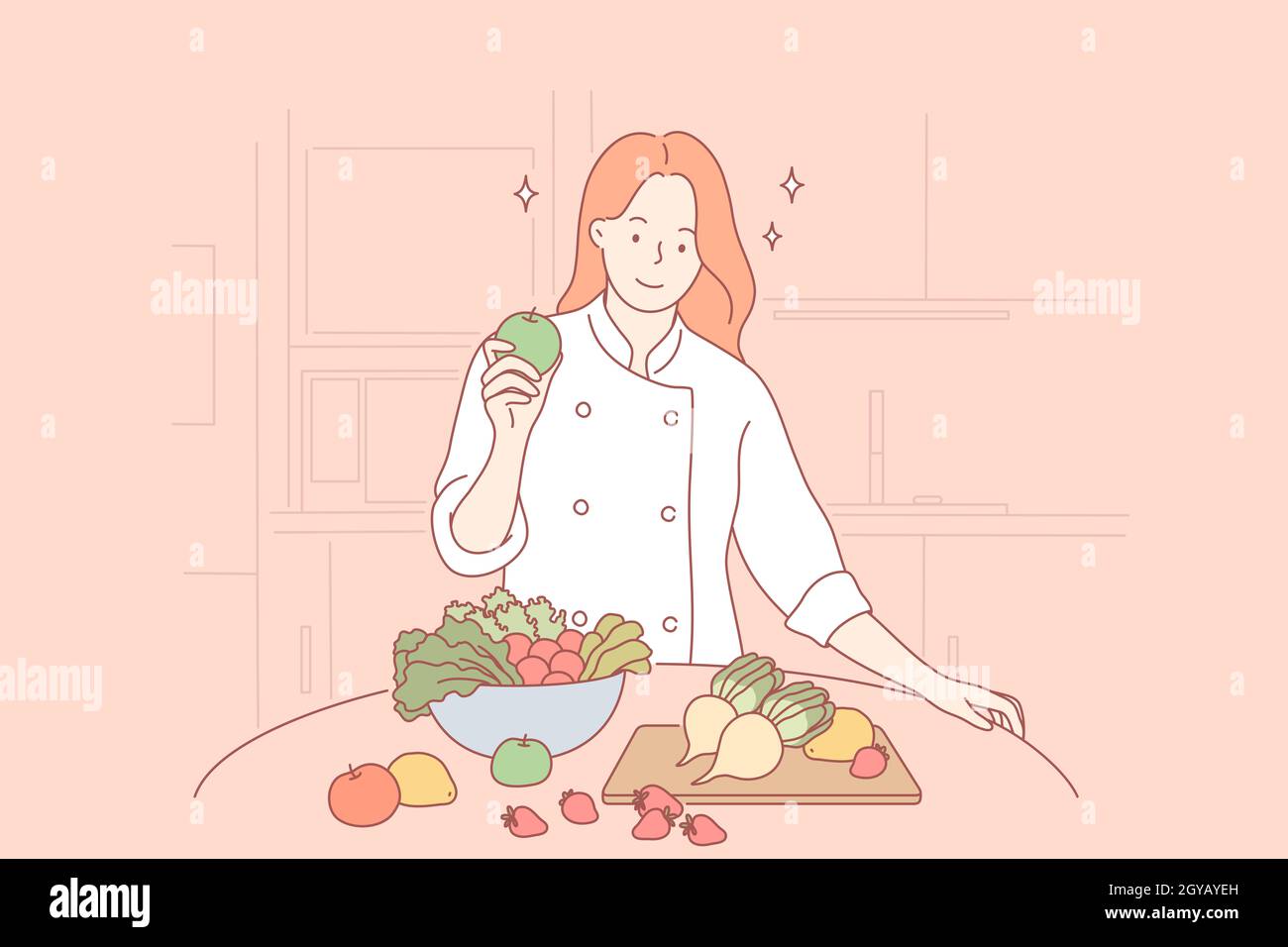 Health, vegan, food, cooking concept. Woman girl cooker vegetarian ...