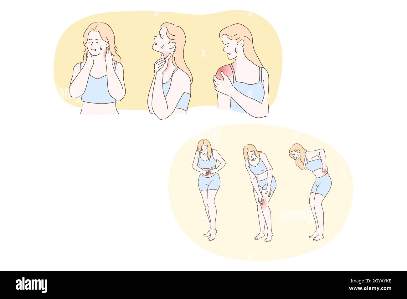 Woman having chronic pain in body and joints concept. Young woman ...