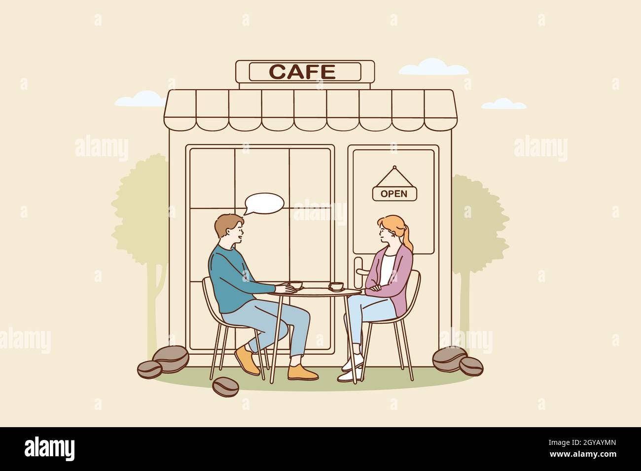 Coffee shop and cafeteria concept. Young smiling couple cartoon ...