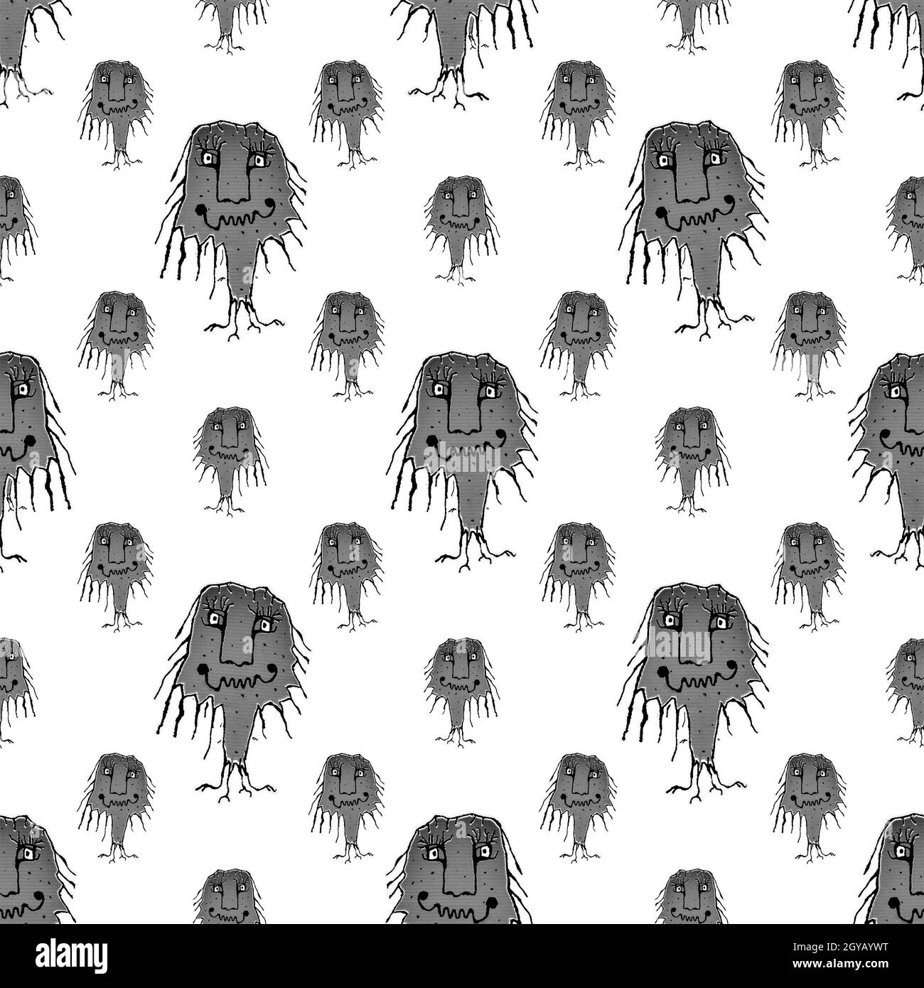 Black and white funny monsters motif pencil drawing seamless pattern ...