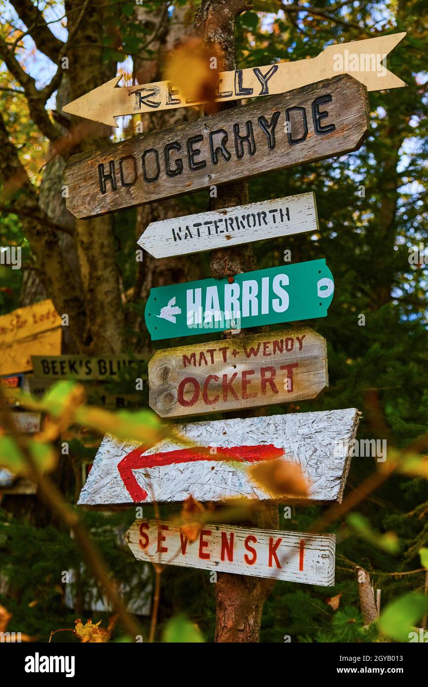 Signs in a forest pointing to different locations Stock Photo - Alamy