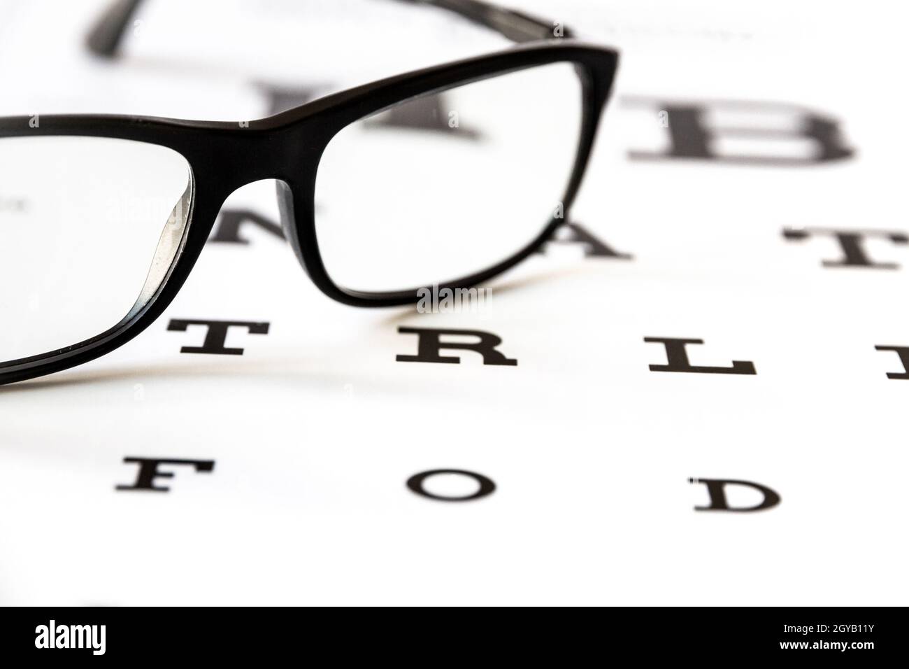 Glasses on eye chart. Optical device background Stock Photo - Alamy