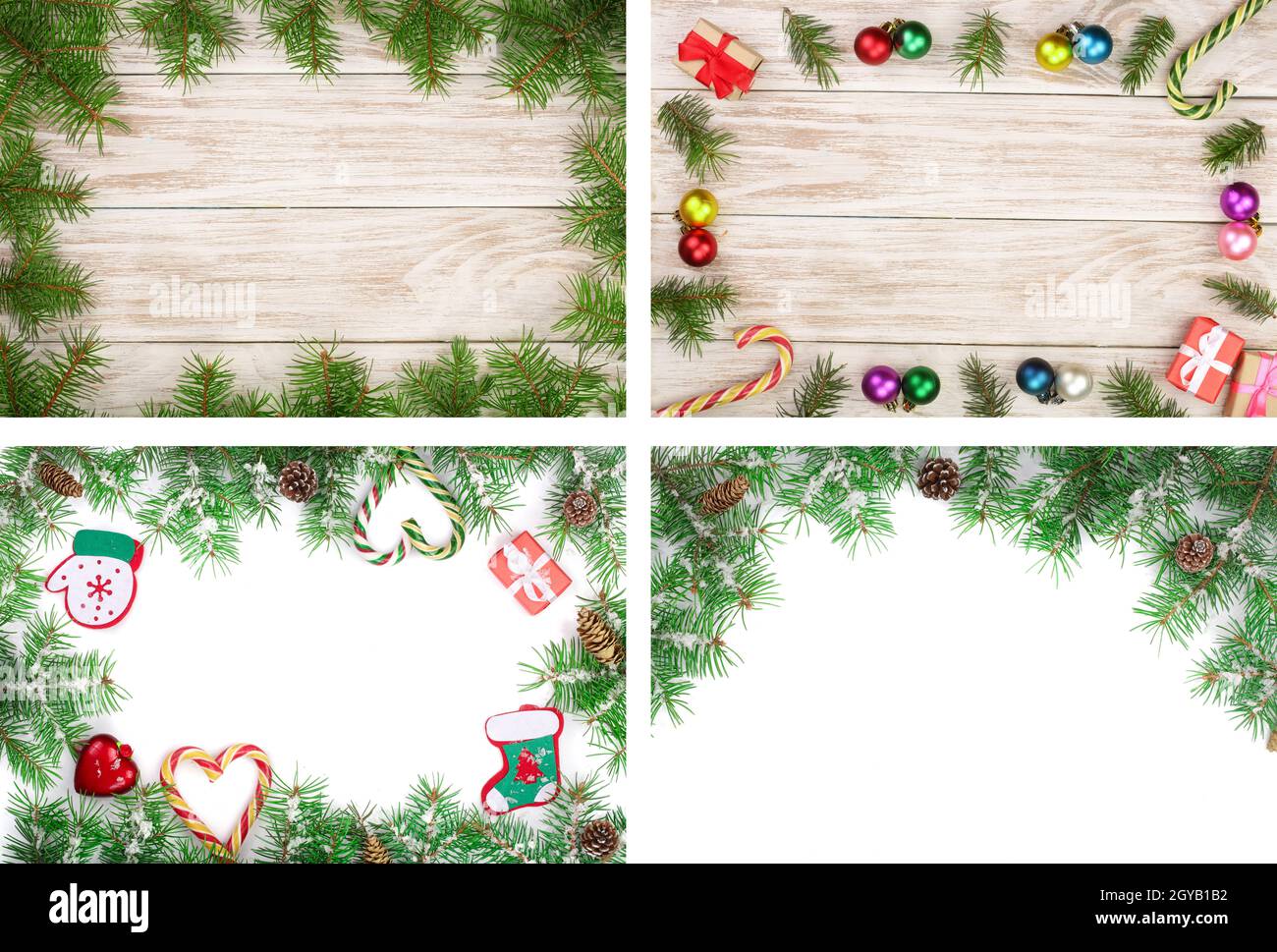 four Christmas Frame of Fir tree branch with snow isolated on white ...