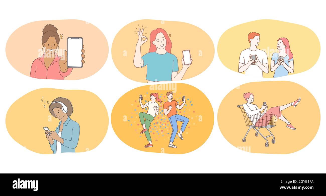 Smartphone, online communication, chatting concept. Young teen people ...