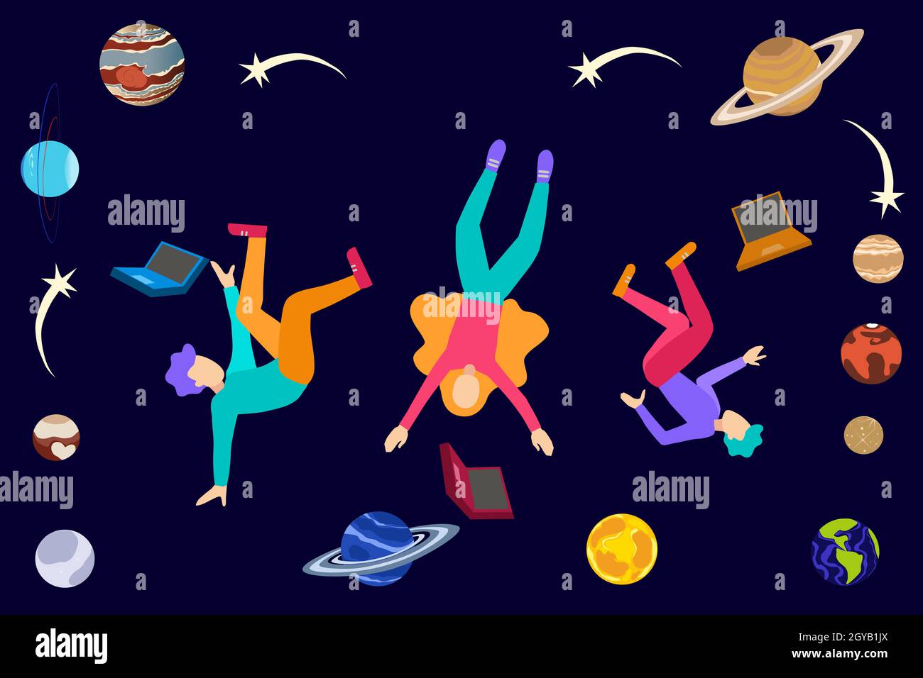 Young college students floating in space with laptops, planets and ...
