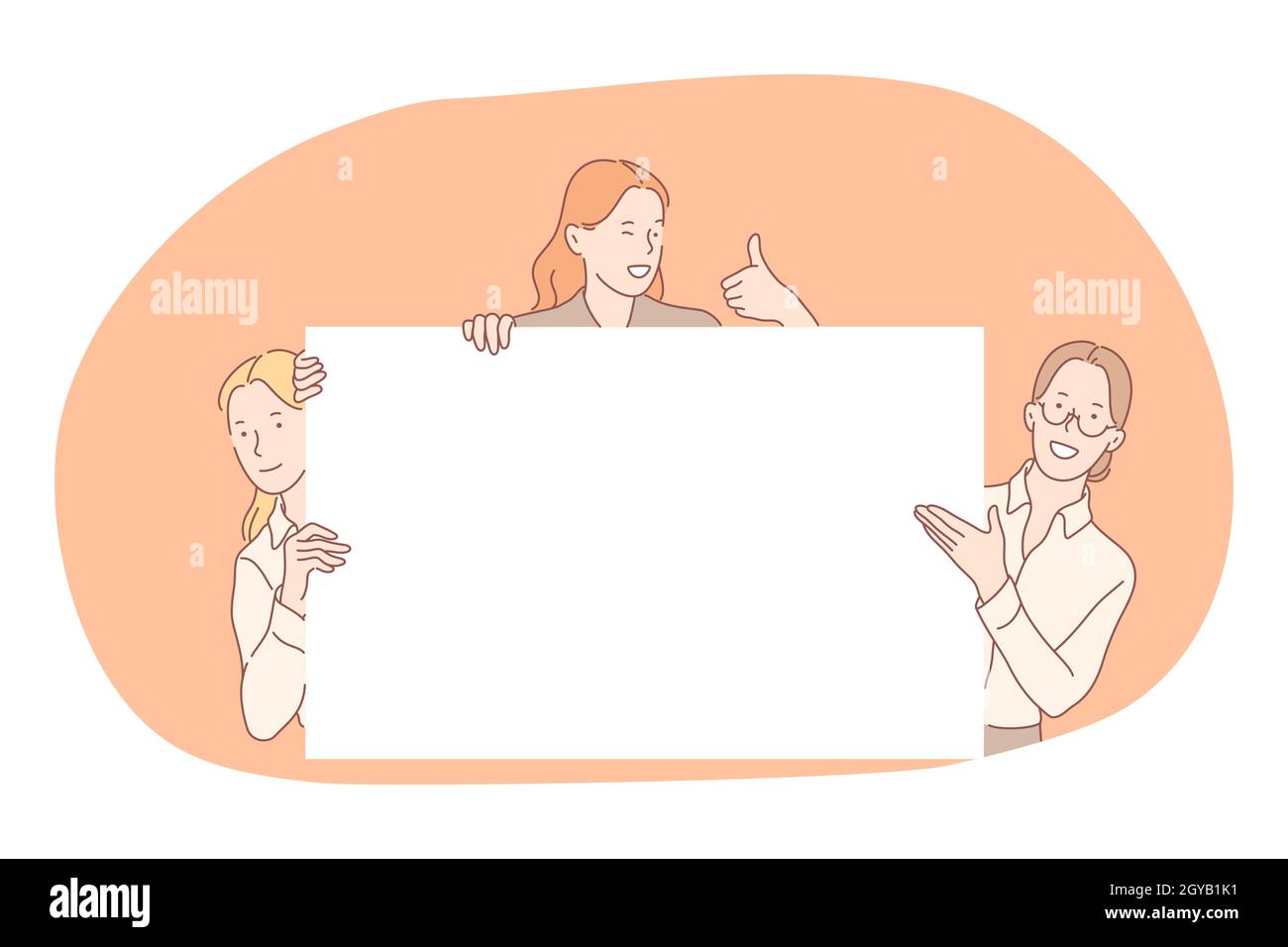 Demonstration, promotion, advertisement concept. Young positive ...