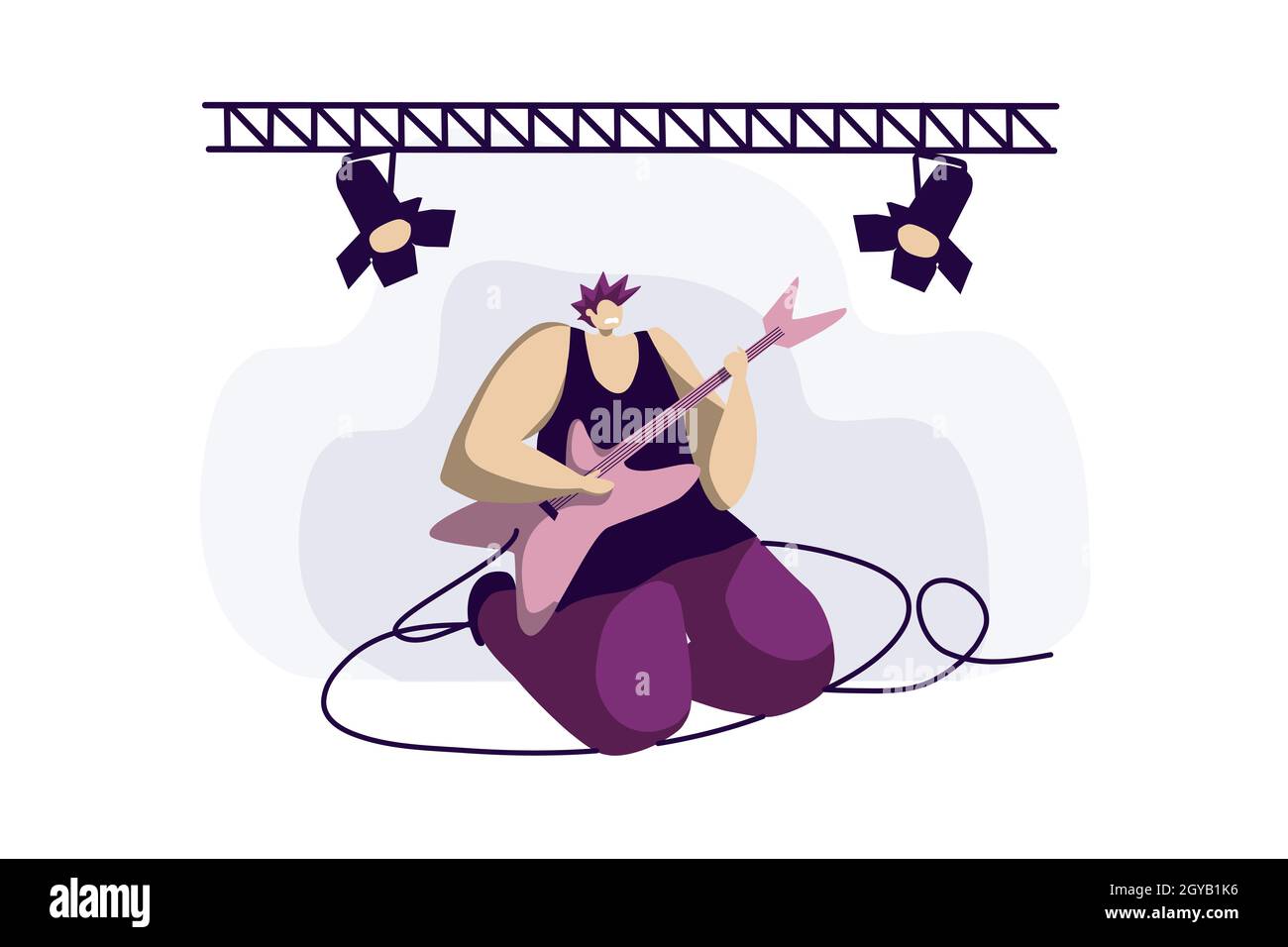 Young musician, band member playing electric guitar, woman with ...