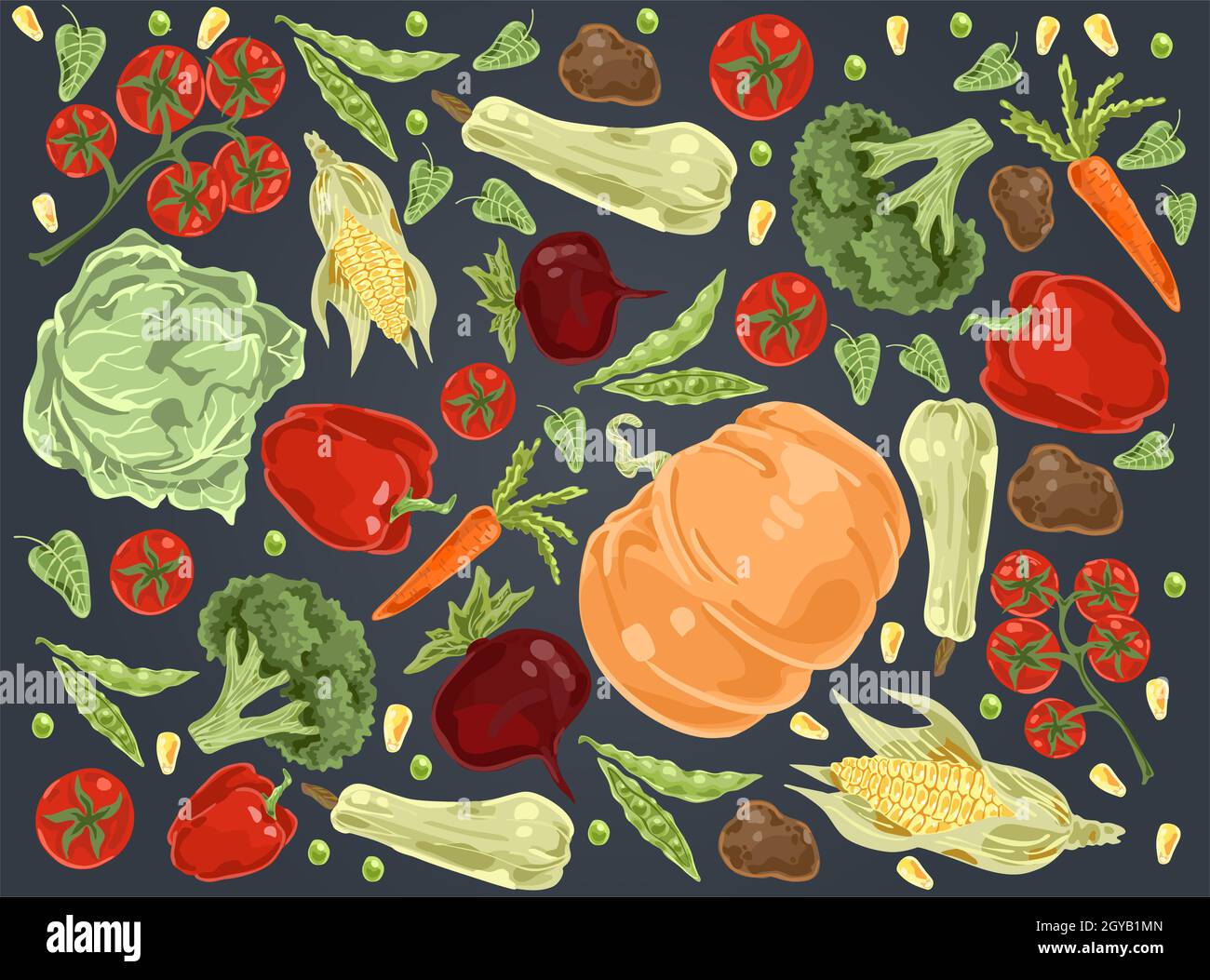 Natural vegetables, pumpkin, cabbage, tomatoes, paprika, broccoli, corn ...