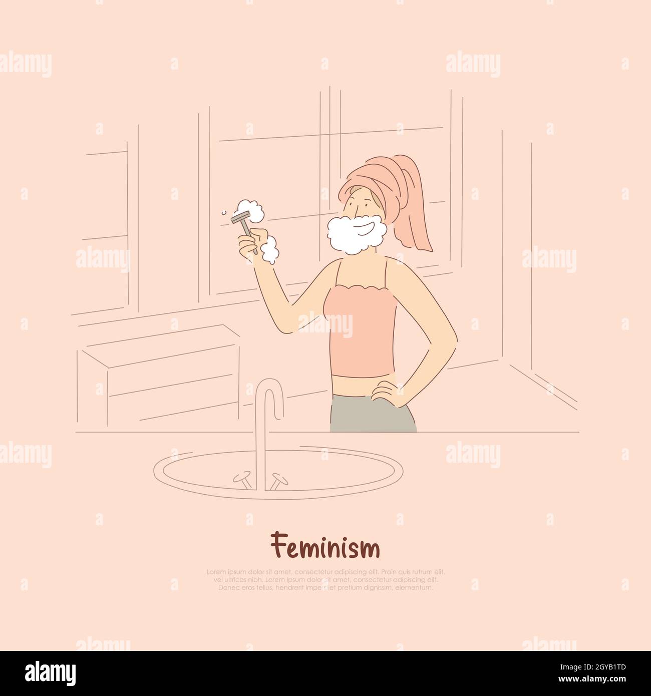 Strong young woman shaving, smiling lady with soap beard holding razor ...