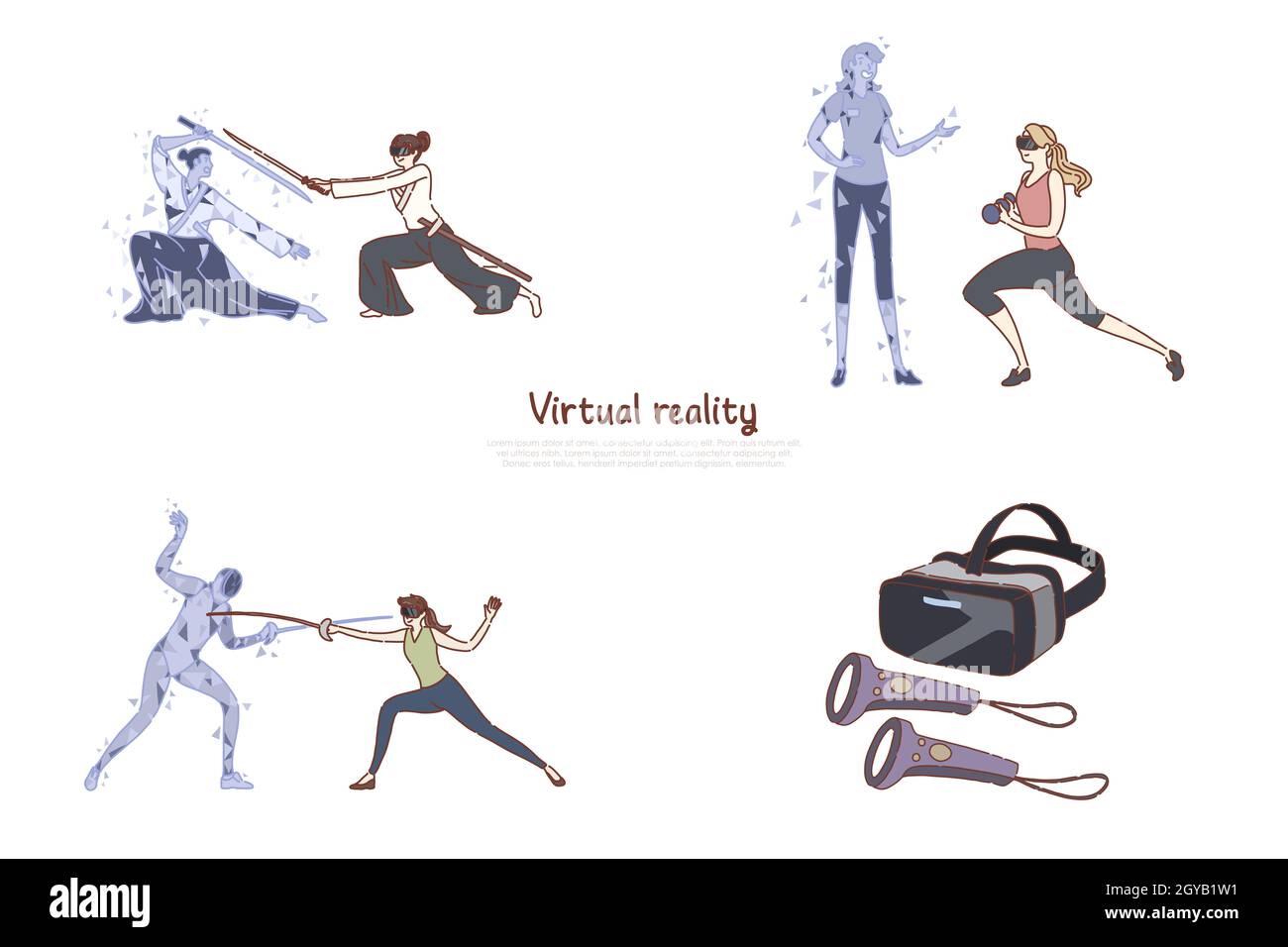 Women in vr headsets, ar leisure, fitness training, fencing, video game ...