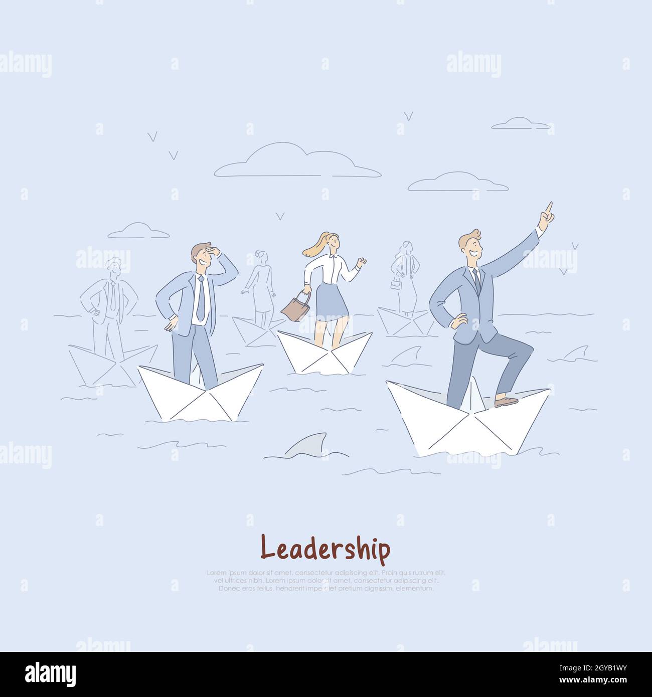 Brave businessman and employees sailing on paper boats, business ...