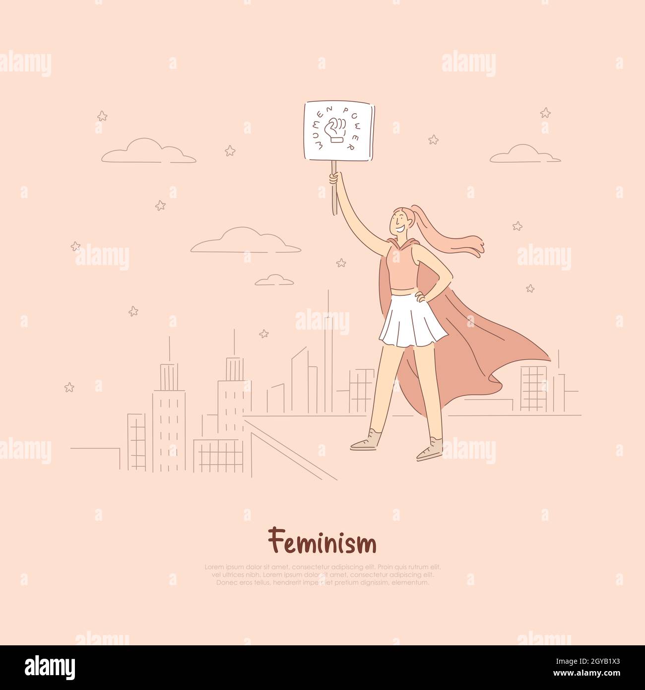 Brave hero, lady superhero in cape holding placard with fist, social ...