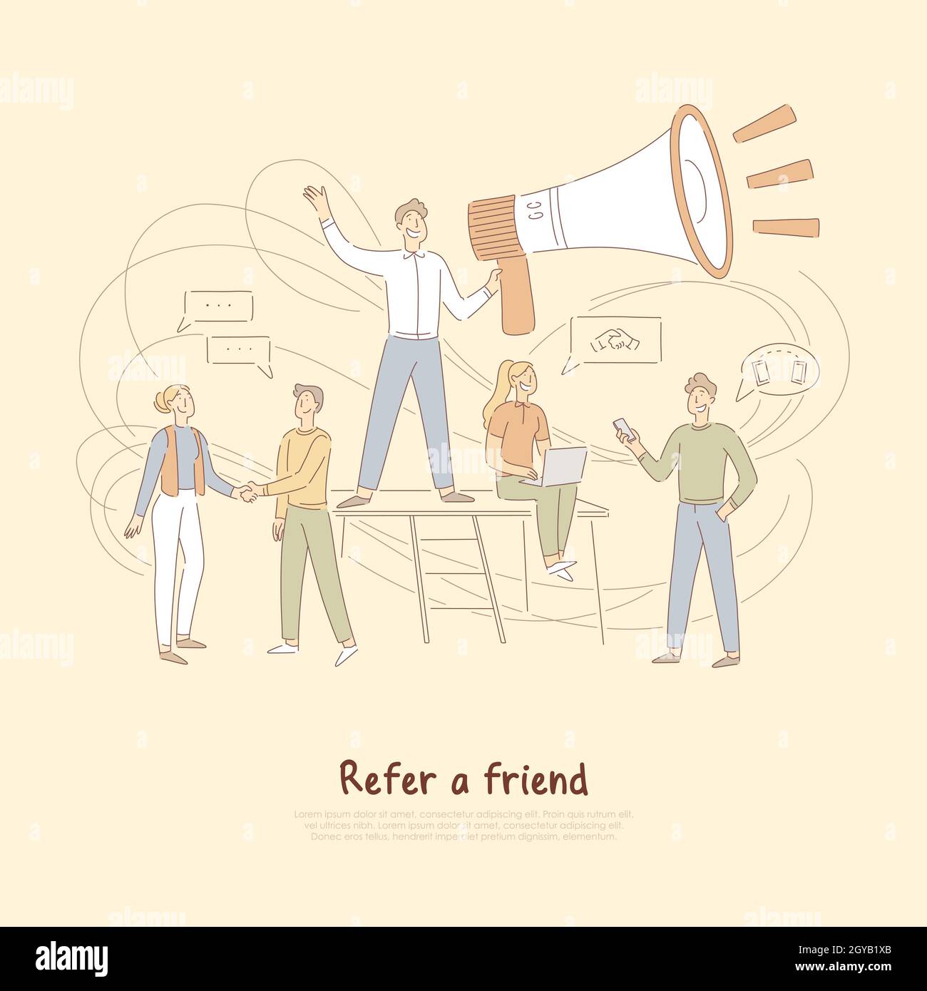Referrals program, businessman holding huge megaphone, marketing ...