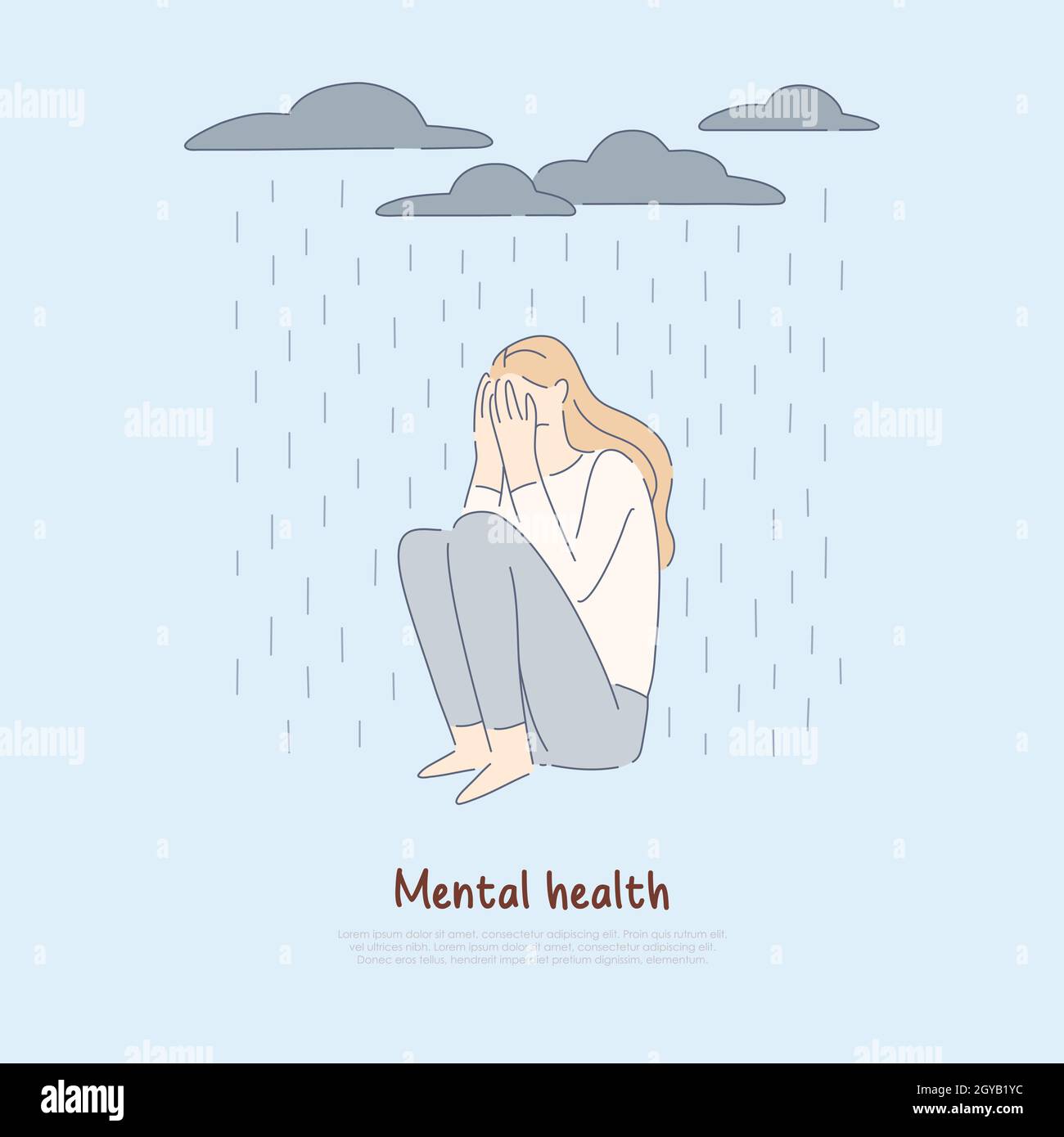 Lonely woman under raining clouds, depressed girl sit alone, bad mood ...
