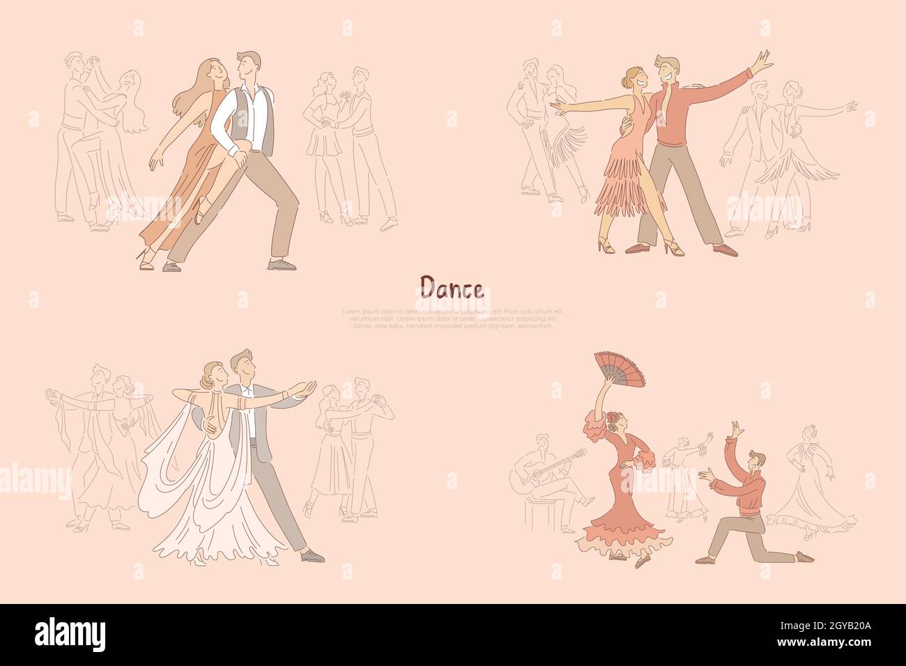 Ballroom dancers performance, couples dancing tango, rumba, foxtrot ...