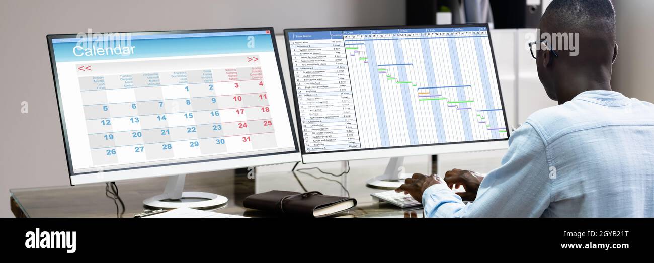 Gantt Chart Calendar Schedule On Multiple Computers Stock Photo - Alamy
