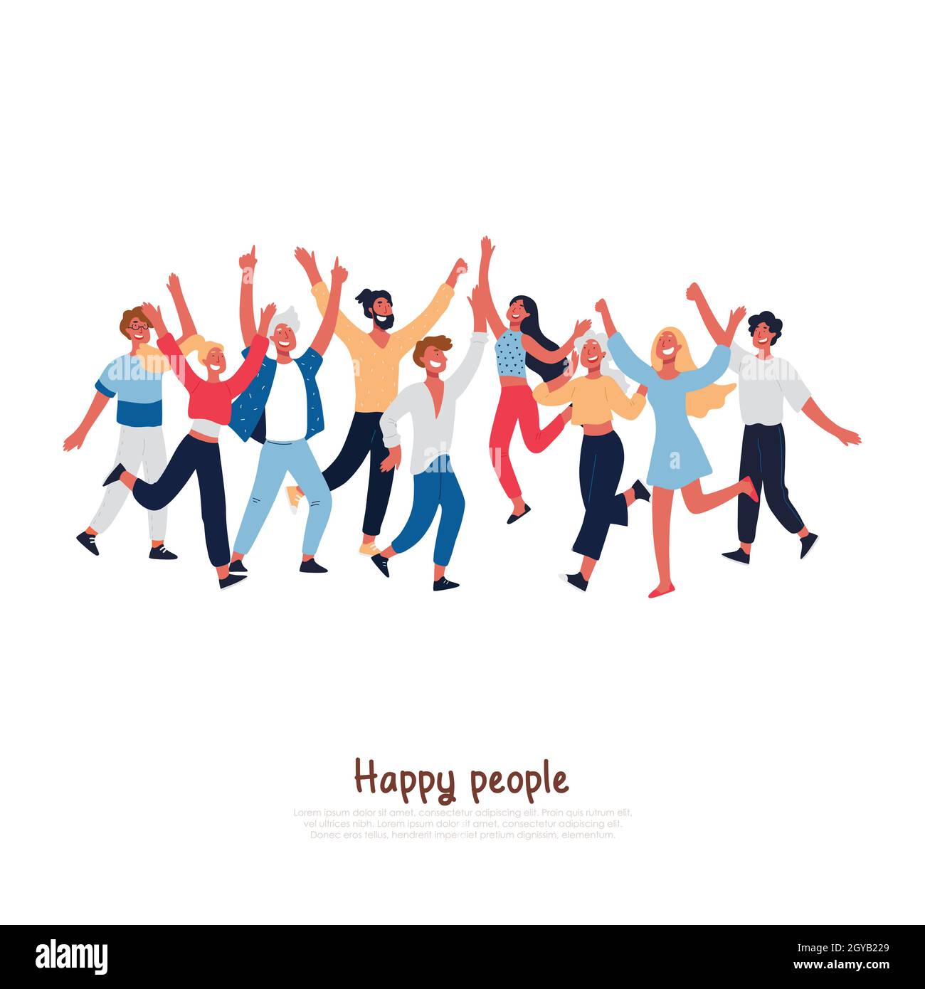 Happy people with joyful gesturing, smiling adults, excited young boys ...