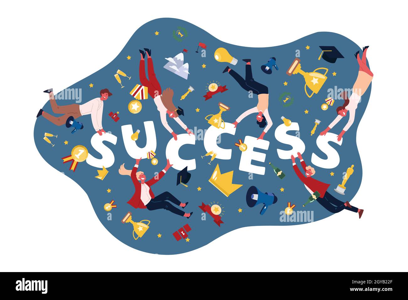 Successful people, sportsmen with trophies, cups, golden medals, actors ...