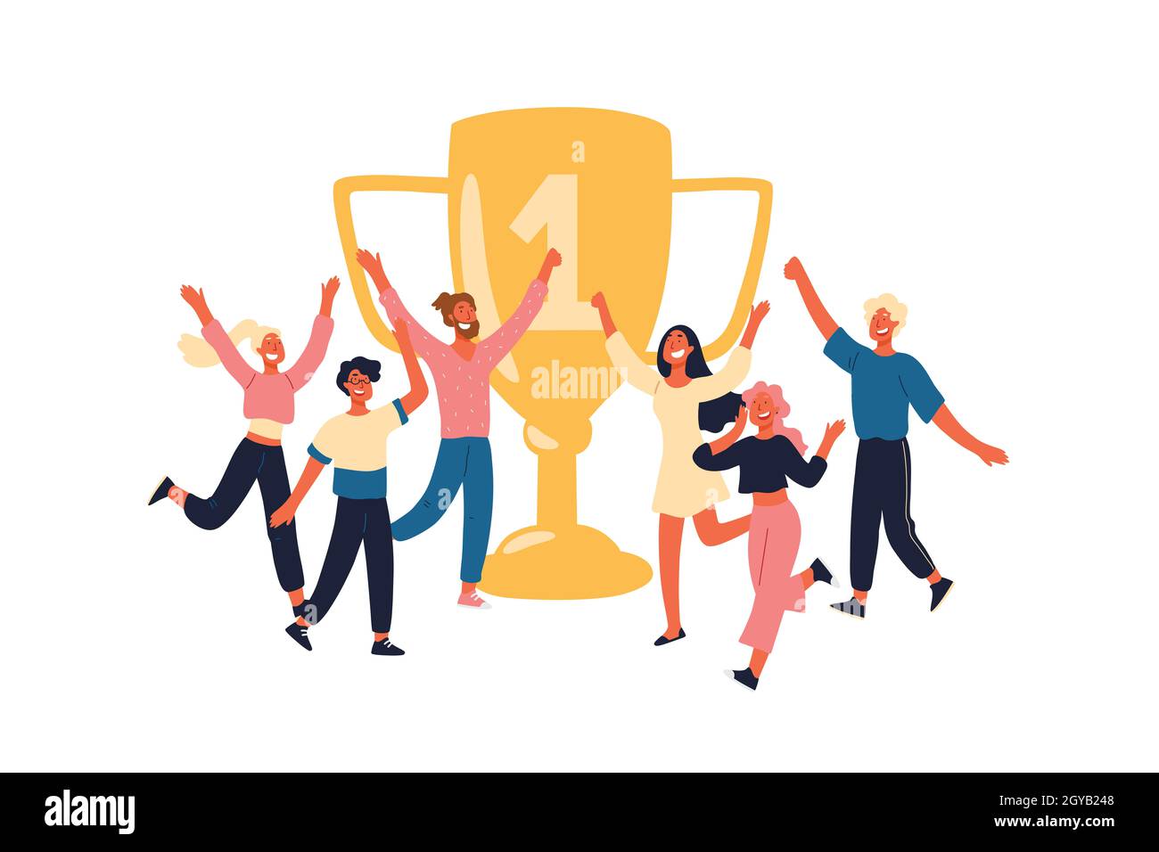 Winners with golden trophy, cheerful team members happy with prize, cup ...