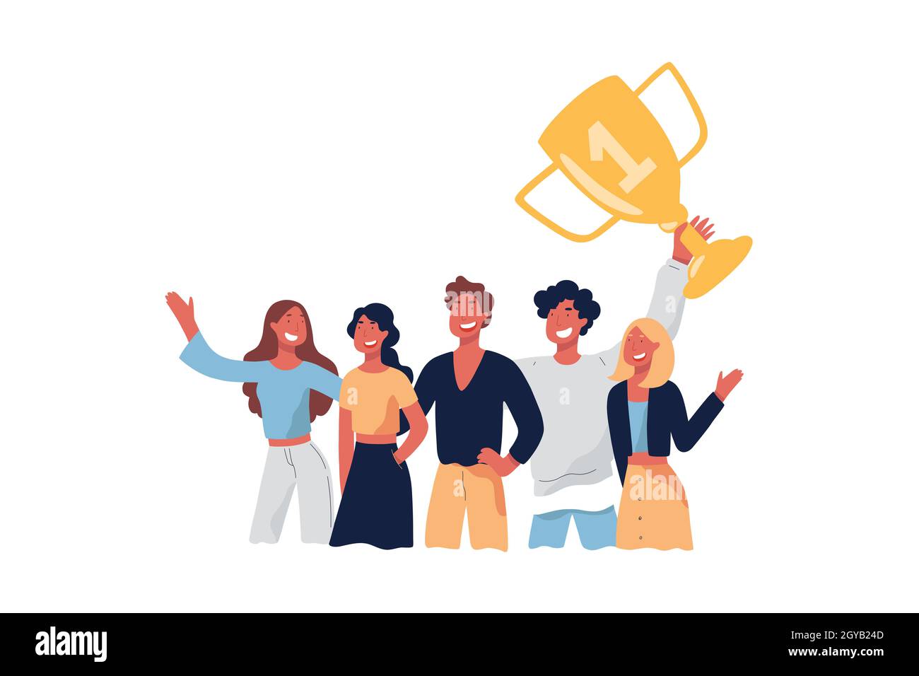 Team celebrating victory, smiling people, champions holding gold cup ...