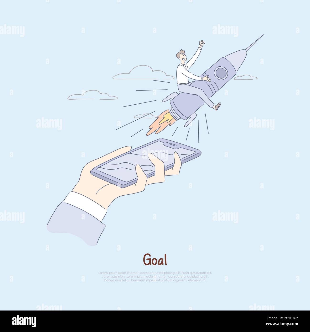 Startup launch, reaching project development, businessman flying on top ...