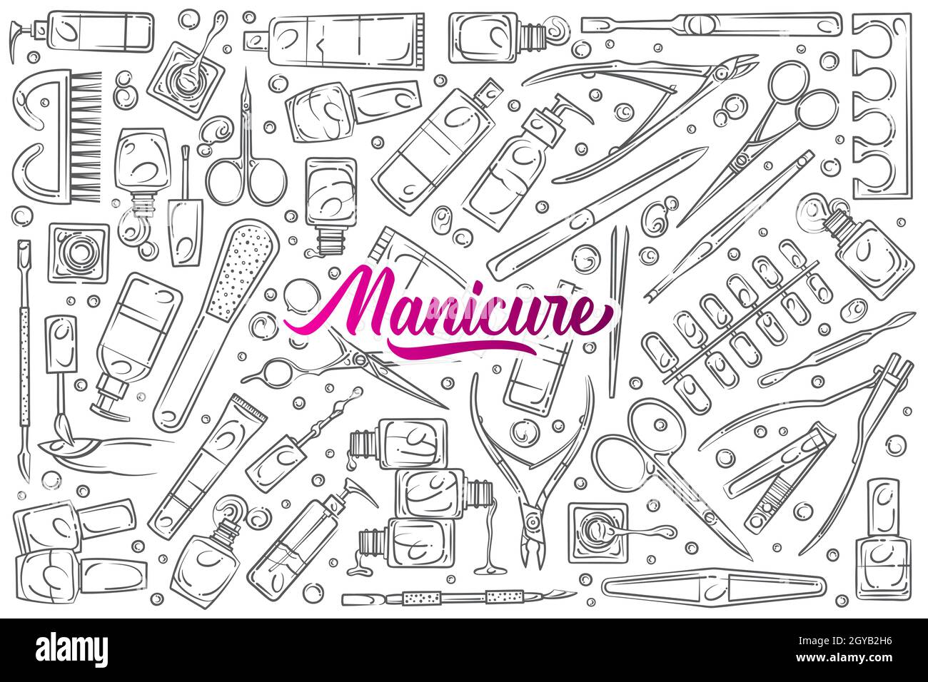 Hand drawn nail salon tools. Concept manicure and pedicure doodle set ...