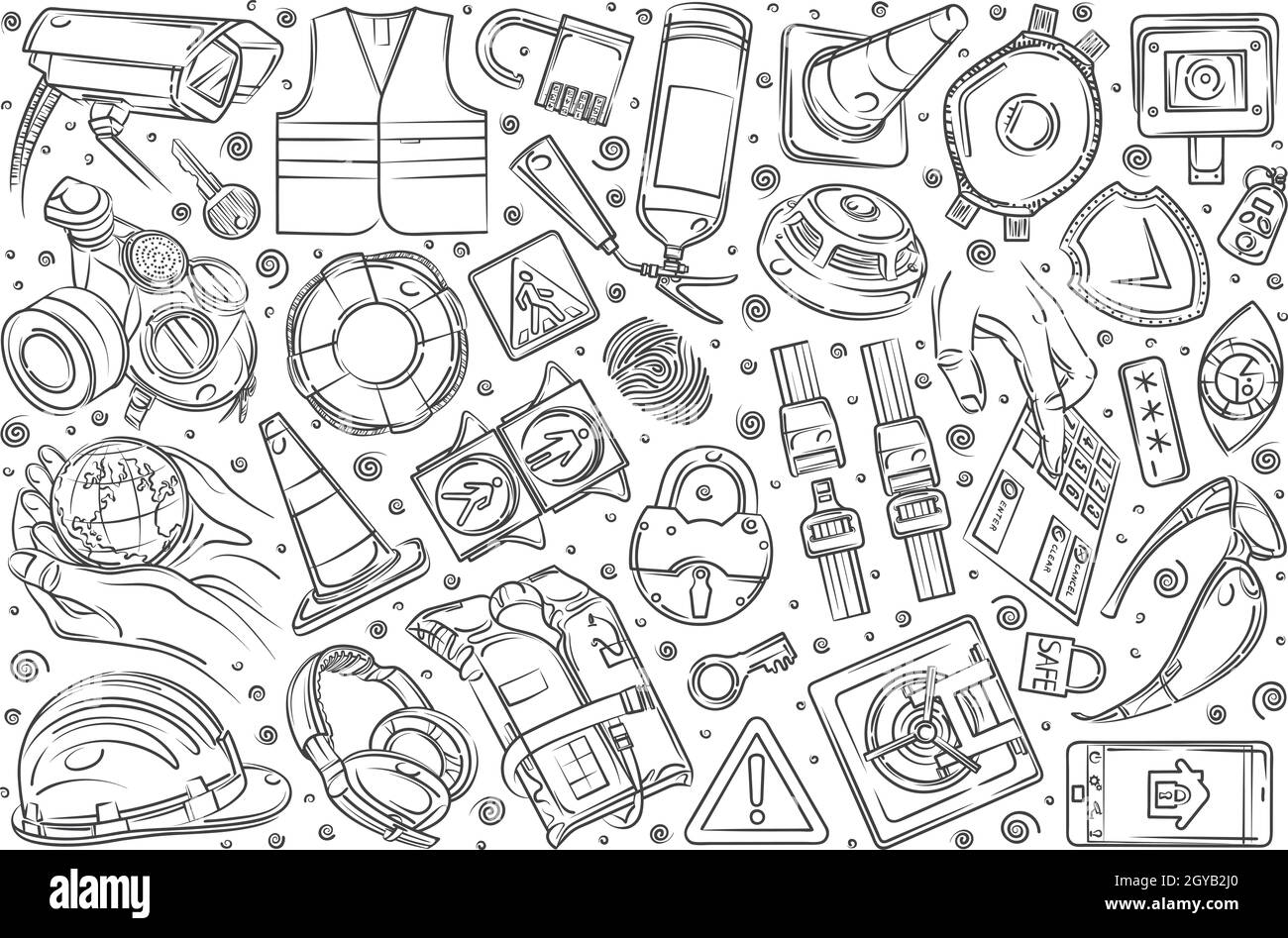 Hand drawn security-related equipment. Protection technologies ...