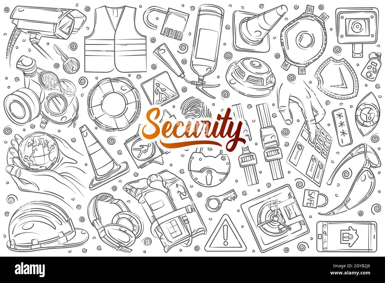 Hand drawn security-related equipment. Protection technologies ...