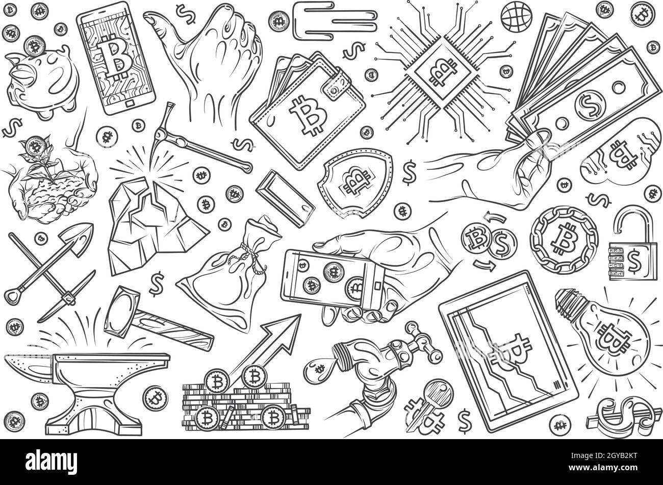 Hand drawn cryptocurrency mining set doodle vector illustration ...